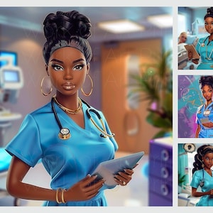 Black Nurse Illustration Bundle, African American Nurse in Blue Scrubs ...