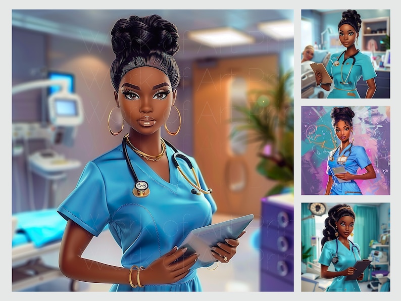Black Nurse Illustration Bundle, African American Nurse in Blue Scrubs ...
