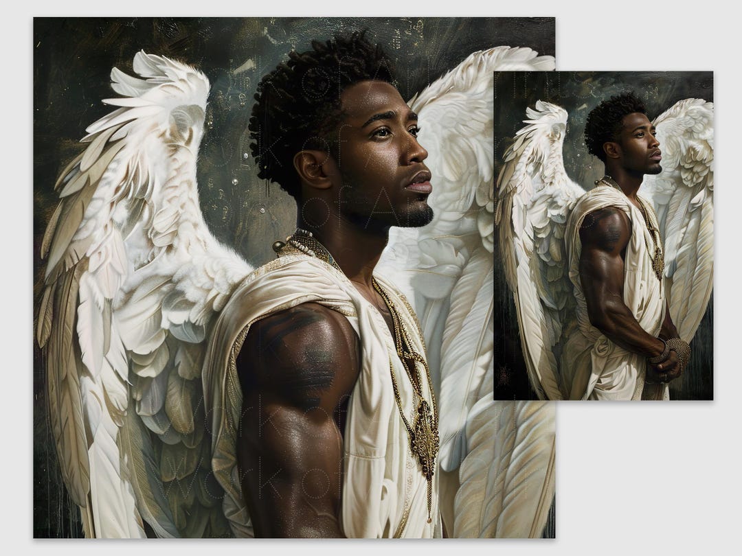Black Male Angel Art, African American Angel Poster, Powerful Guardian ...