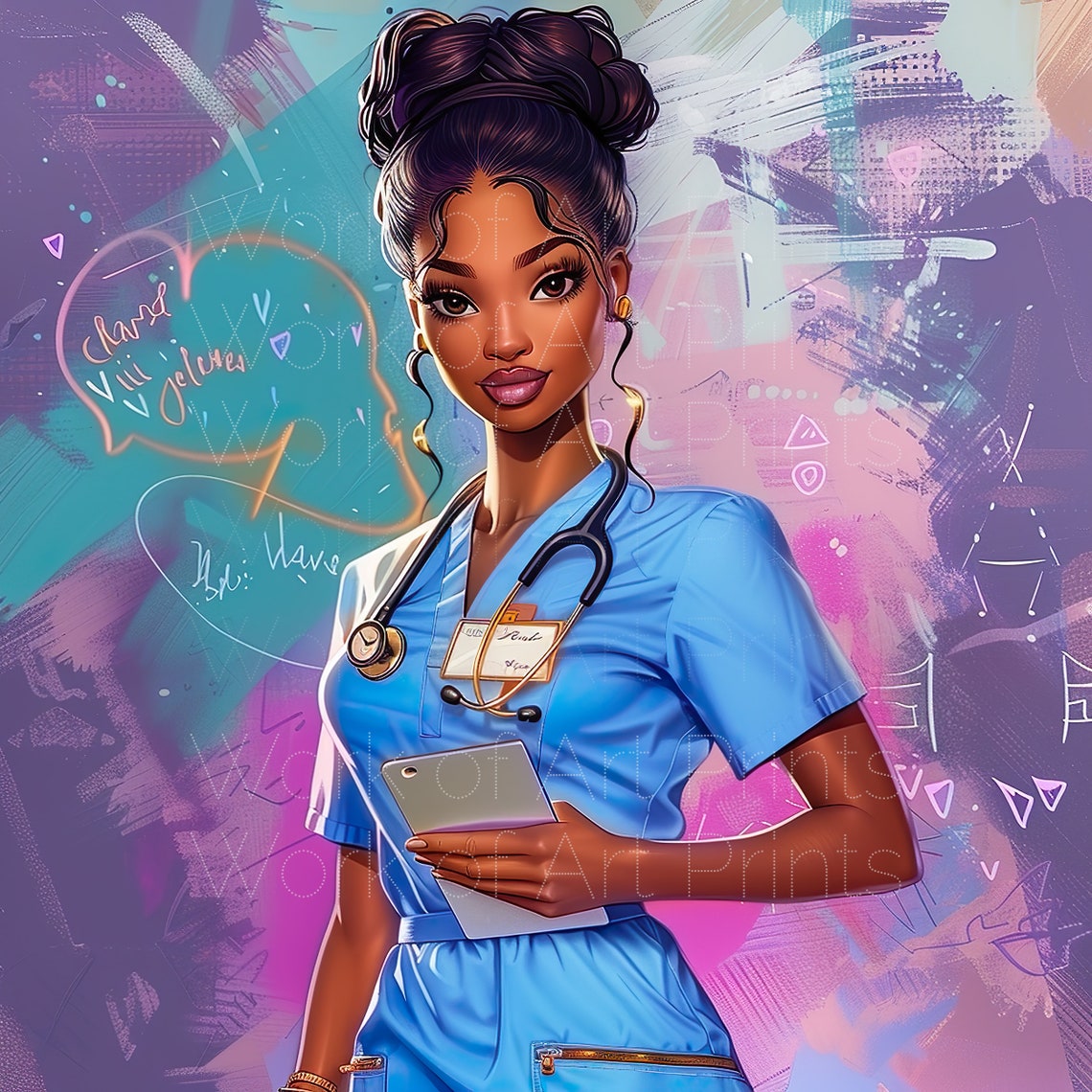 Black Nurse Art Print, African American RN in Blue Scrubs (PNG Digital ...