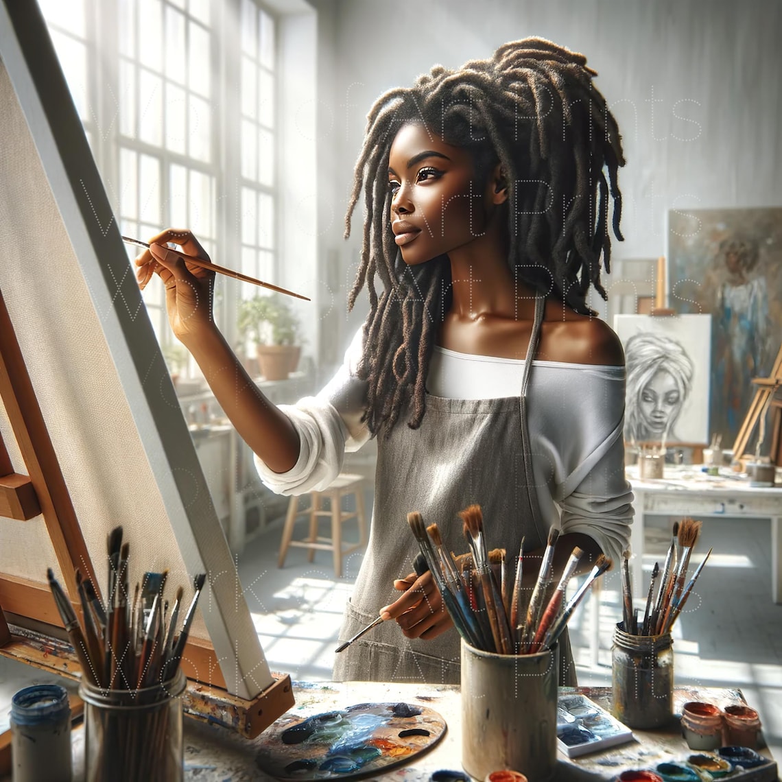 African American Woman With Locs Painting Stock Photo Bundle 4 Digital ...