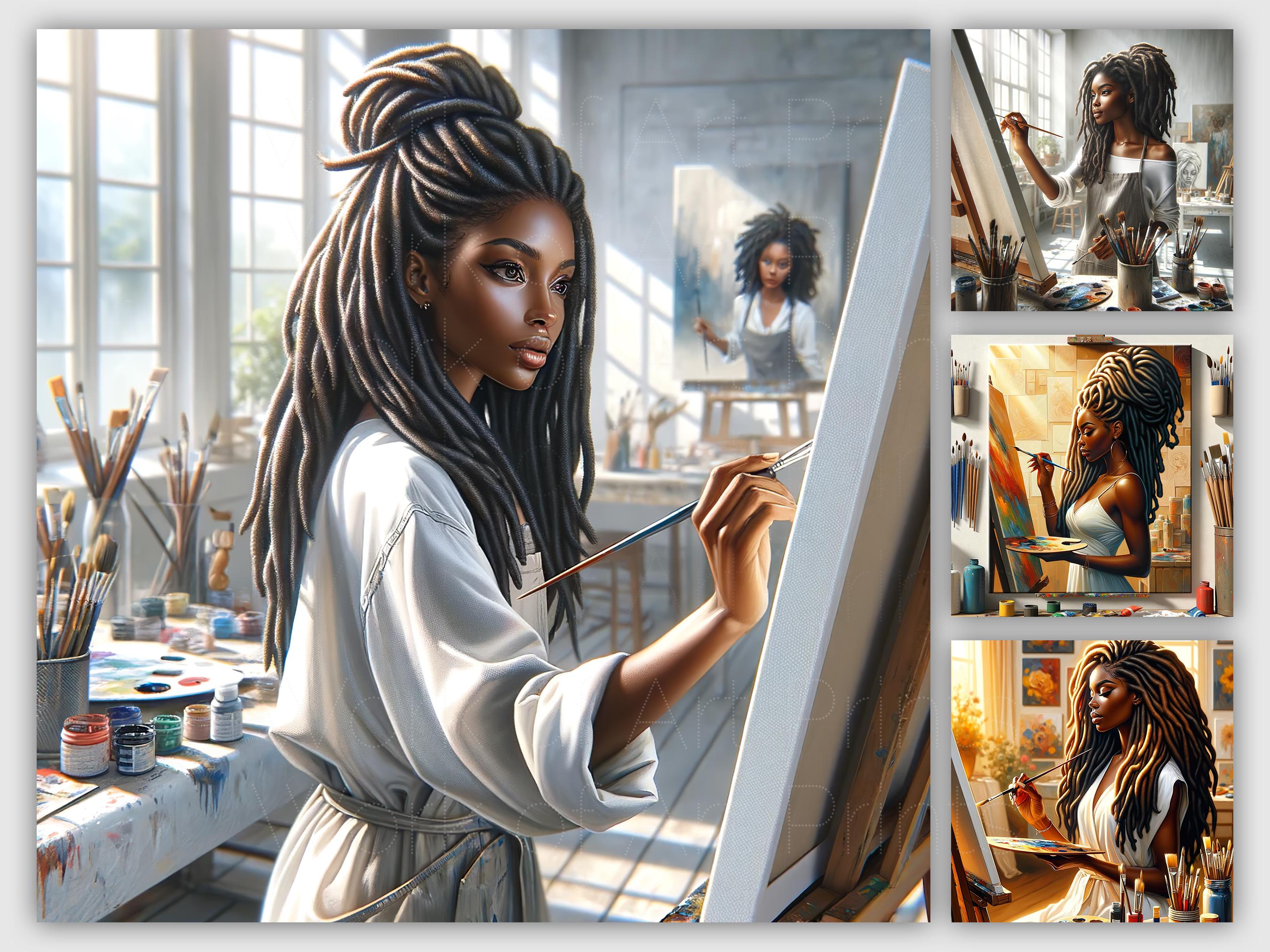 African American Woman With Locs Painting Stock Photo Bundle 4 Digital ...