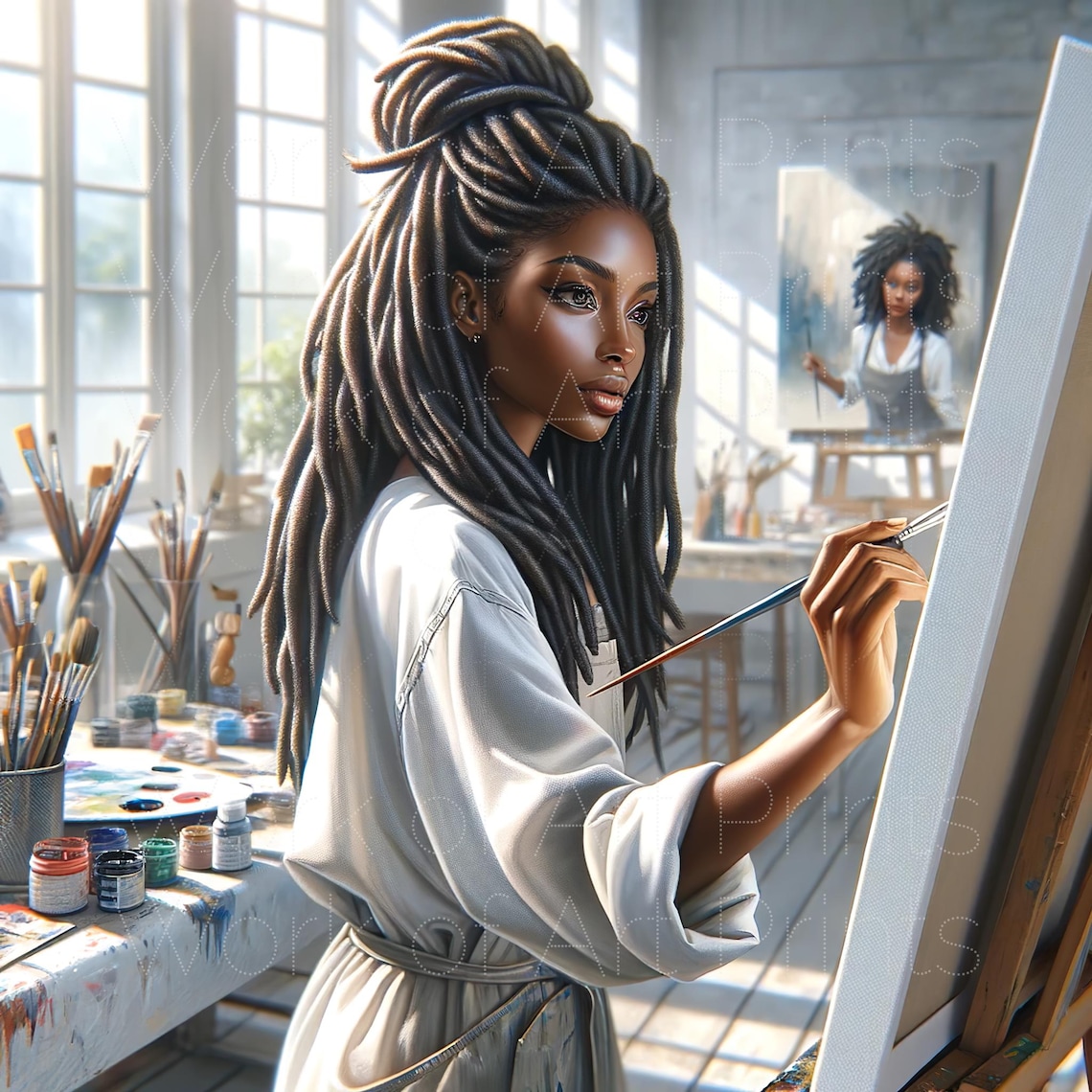African American Woman With Locs Painting Stock Photo Bundle 4 Digital ...