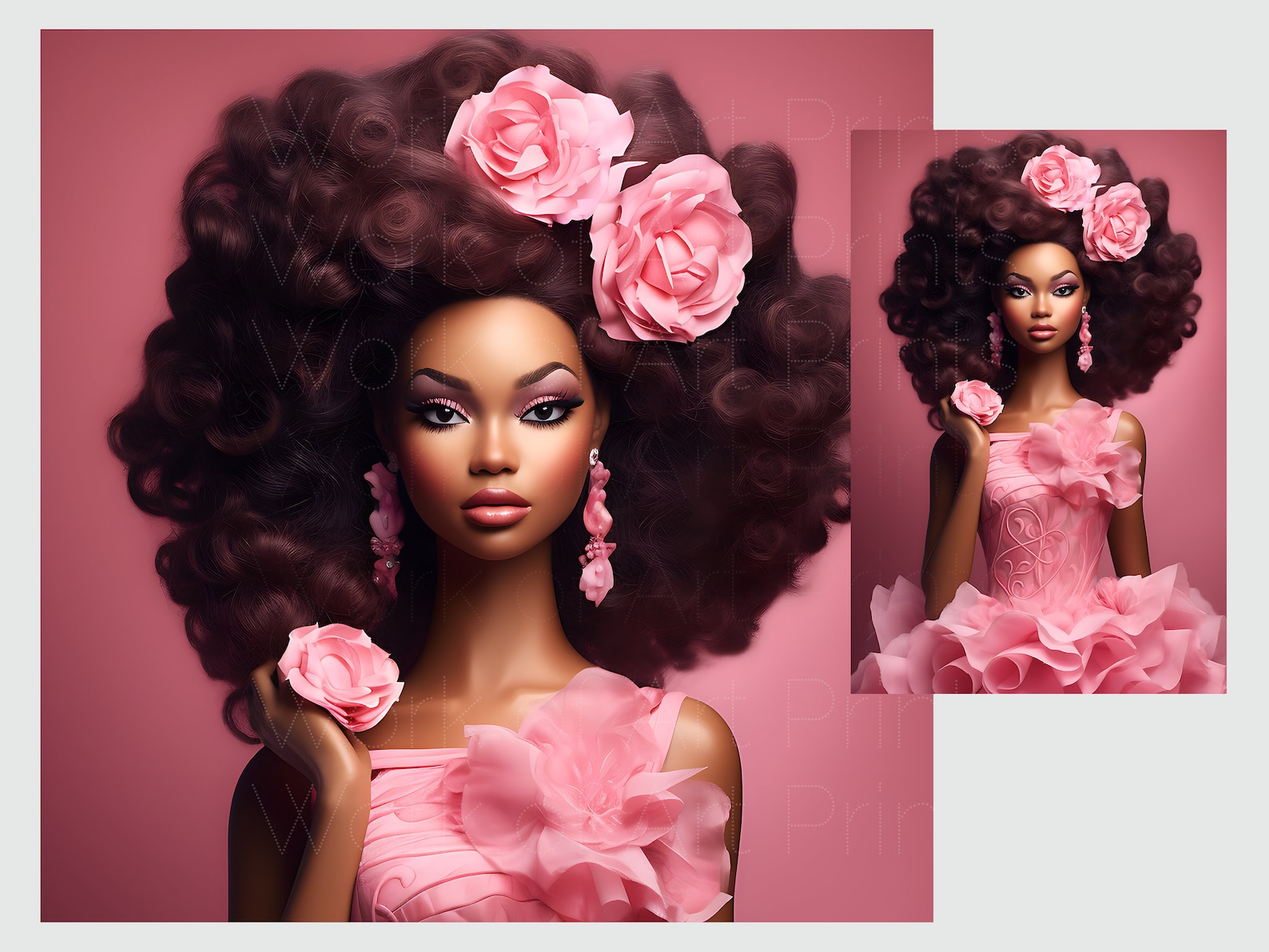 Black Barbie Poster, Pink Roses, Afro Barbie Pink PNG, Big Hair Dark ...