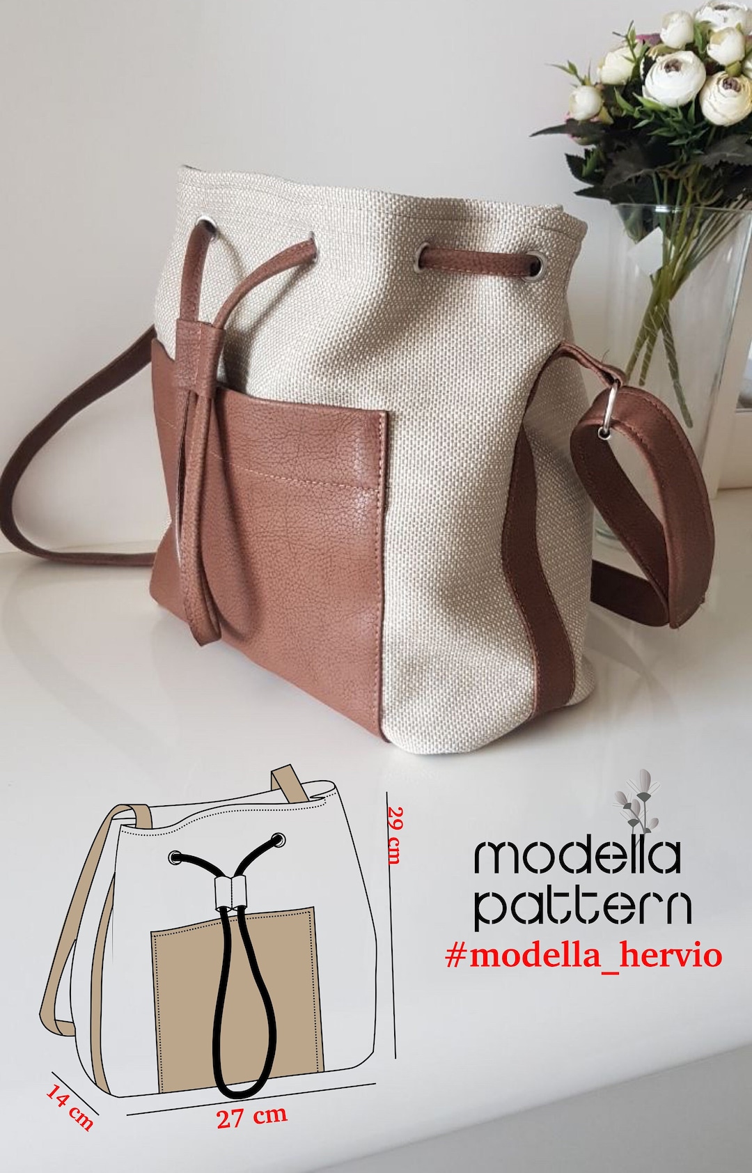 Hervio Bucket Bag Pattern , Tote Bag With Pockets , Bucket Bag ,digital ...