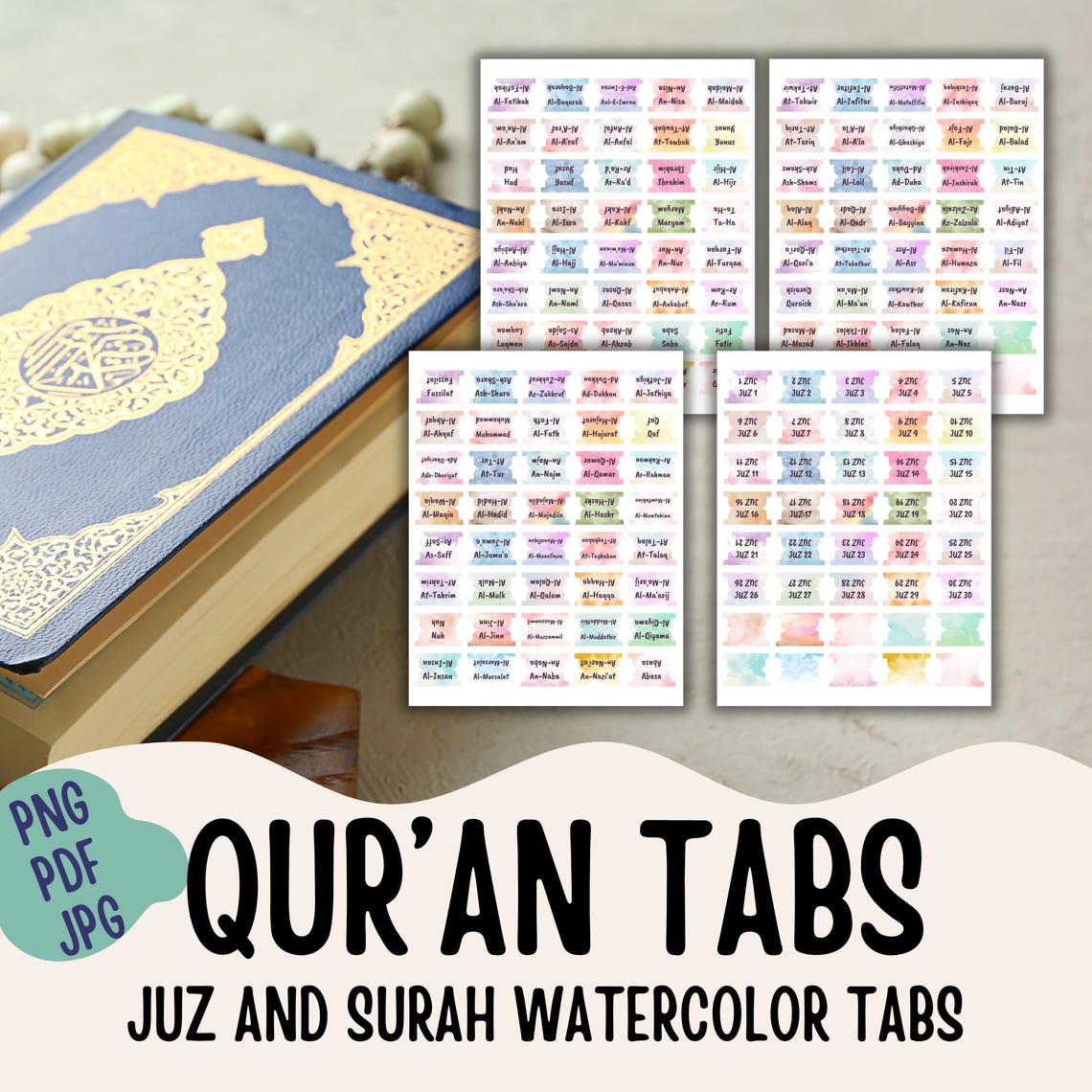 Quran Tabs , Quran Surah and Juz Tabs , Islamic Reminders , Quran Divider Tabs, DIY Quran Tabs ...