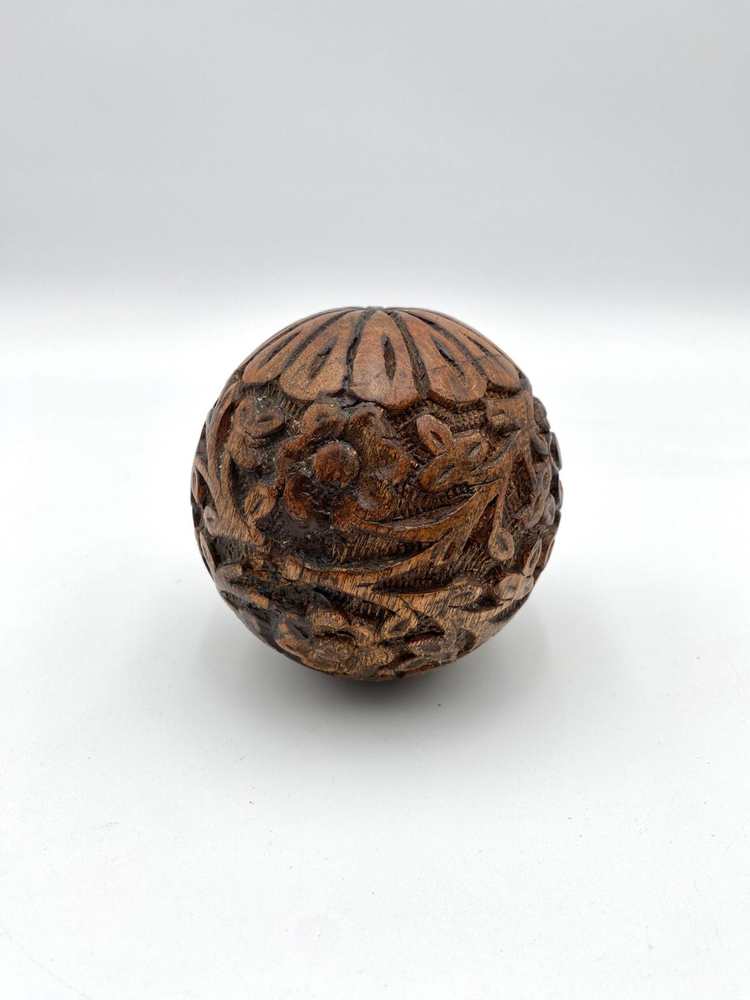 Hand Carved Wooden Sphere, Home Decor With Floral Accents, Carved Wood ...
