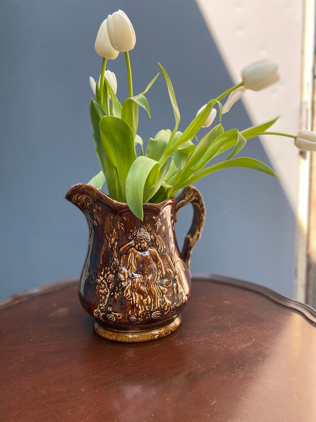 Antique Bennington Rockingham Glazed Pottery Pitcher With Cherubs Brown ...