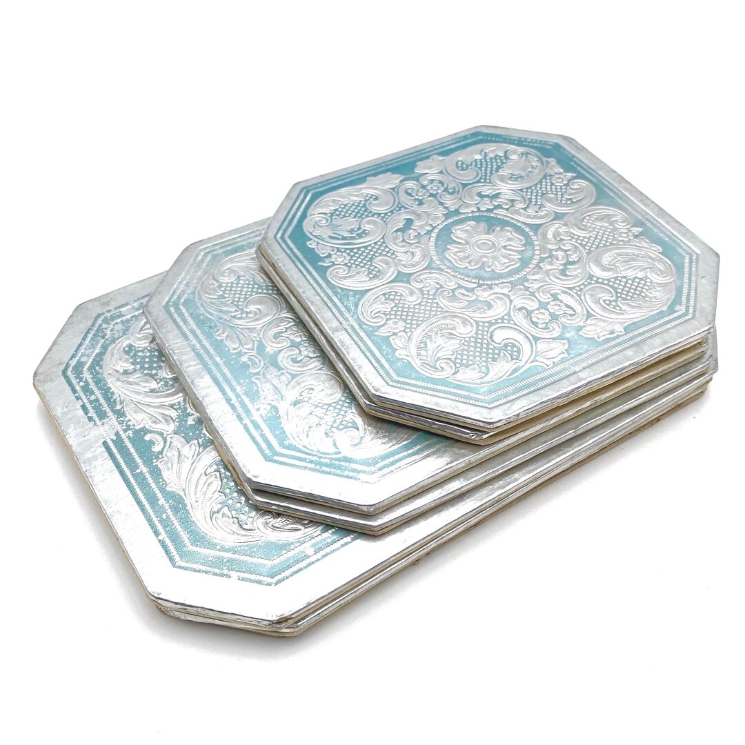 Vintage Turquoise & Silver Scrollwork Trivets - Retro Kitchen Decor - Etsy