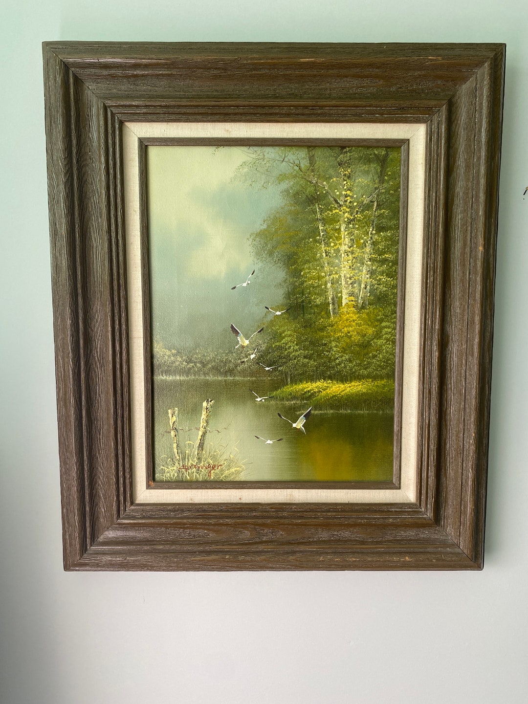 Vintage Oil Painting of Serene Forest Lake and Birds by Charles Henry ...