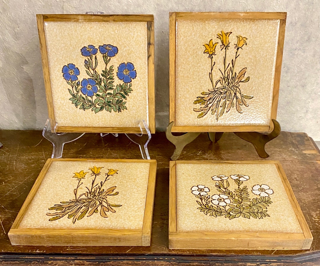 MCM Vintage Blue, White, Yellow Flower Trivets Porcelain Ceramic Tile ...