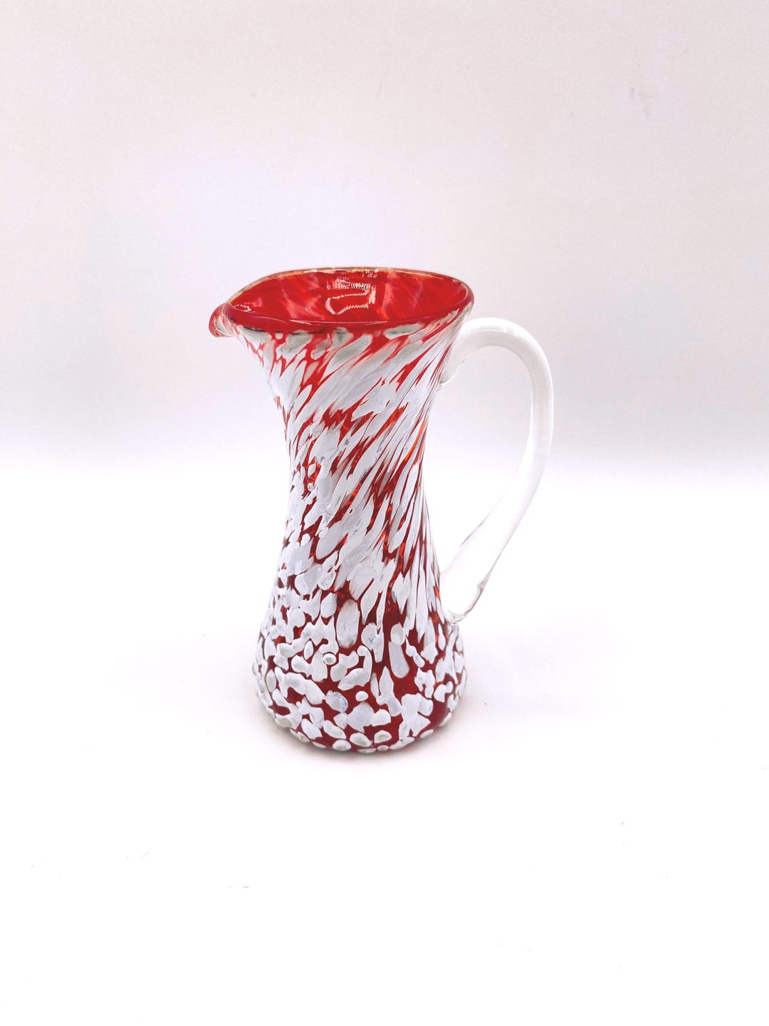 Vintage Red Art Glass Pitcher White Enamel Small - Etsy