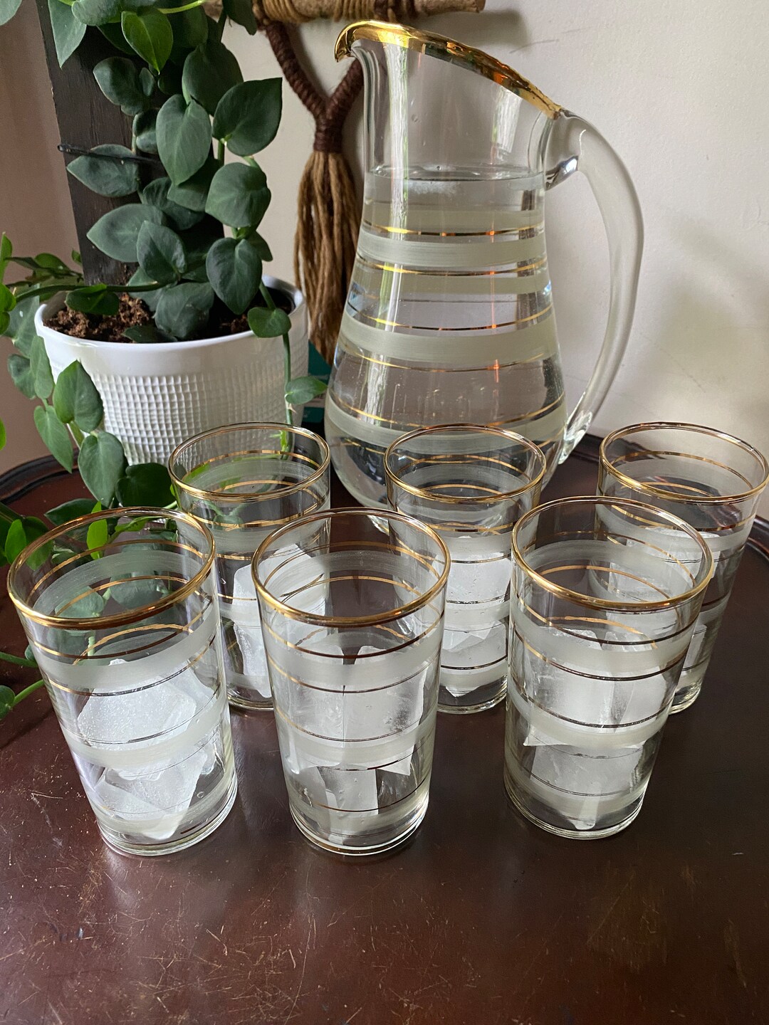 MCM Glass Pitcher and 6 Glasses Vintage 1960s Gold Rim With Gold and ...