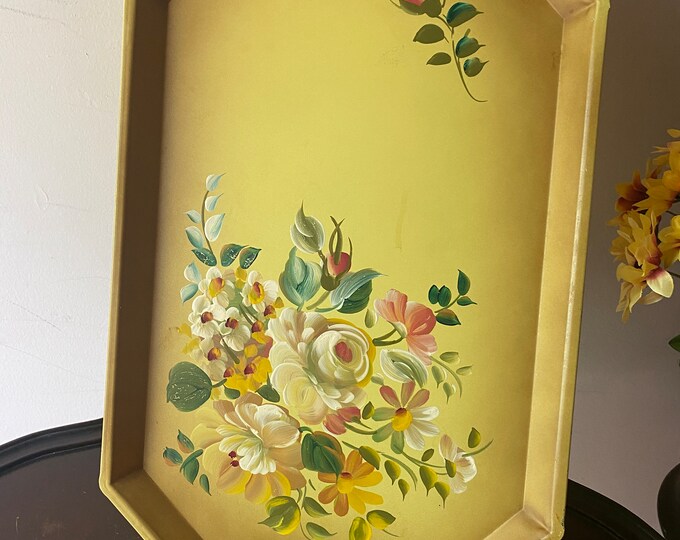 Yellow Tole Painted Rectangle Metal Tray With Floral Designs Hand ...