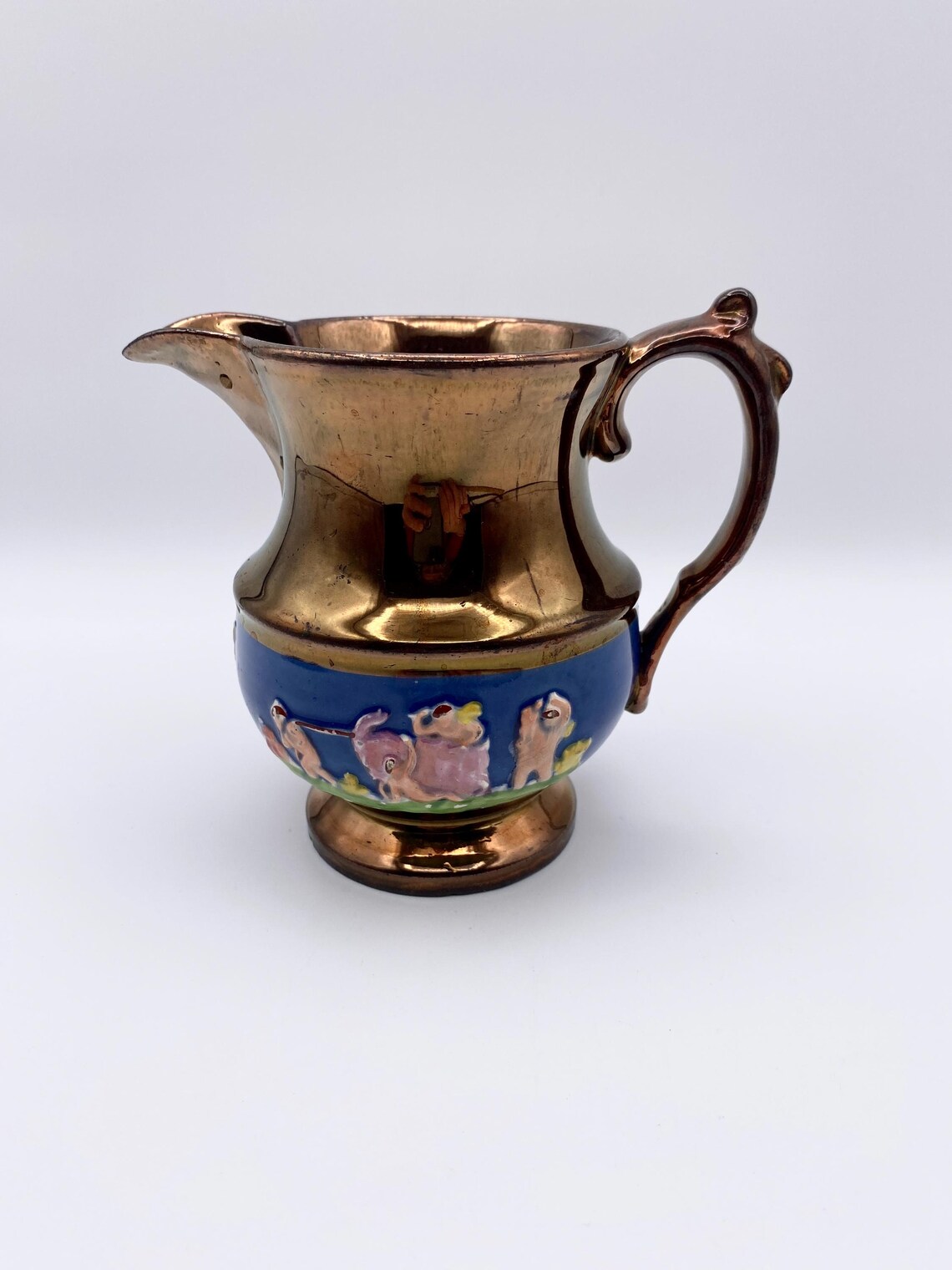 Antique Copper Lusterware Creamer: Hand-painted Pastoral Scene, Cobalt ...