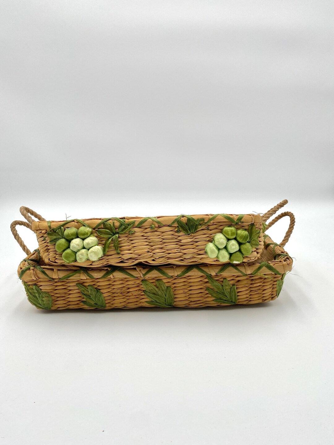 70s Handmade Seagrass and Raffia Rectangular Basket With Handles - Set ...