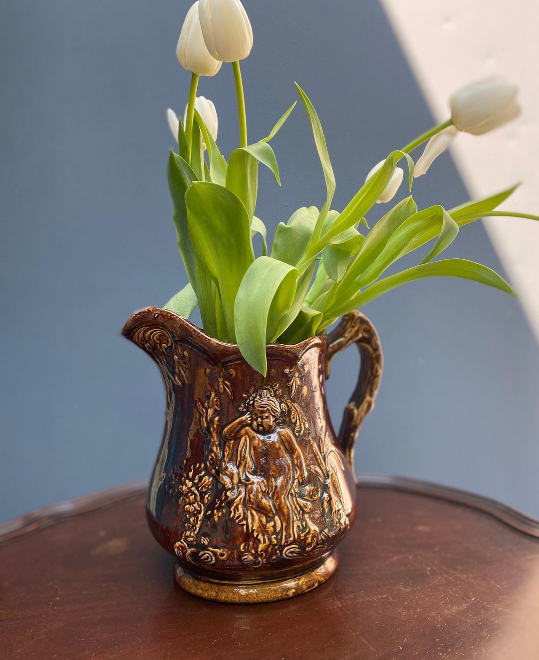 Antique Bennington Rockingham Glazed Pottery Pitcher With Cherubs Brown ...