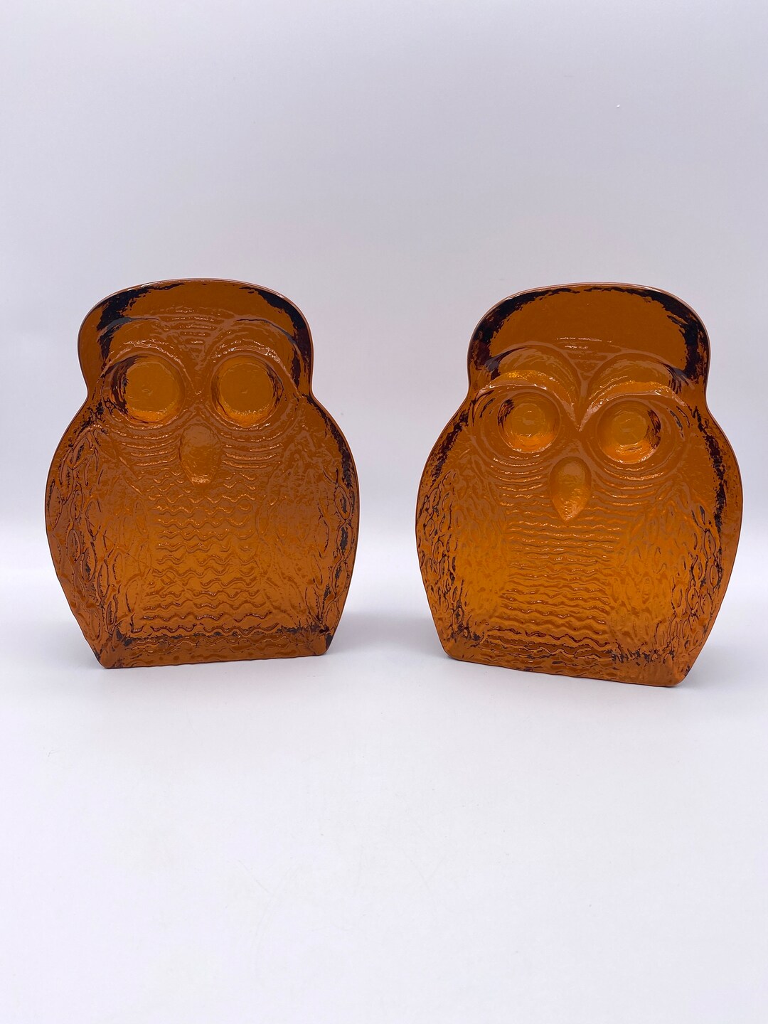 Vintage Blenko Amber Owl Bookends by Joel Myers - MCM Collectable Art ...