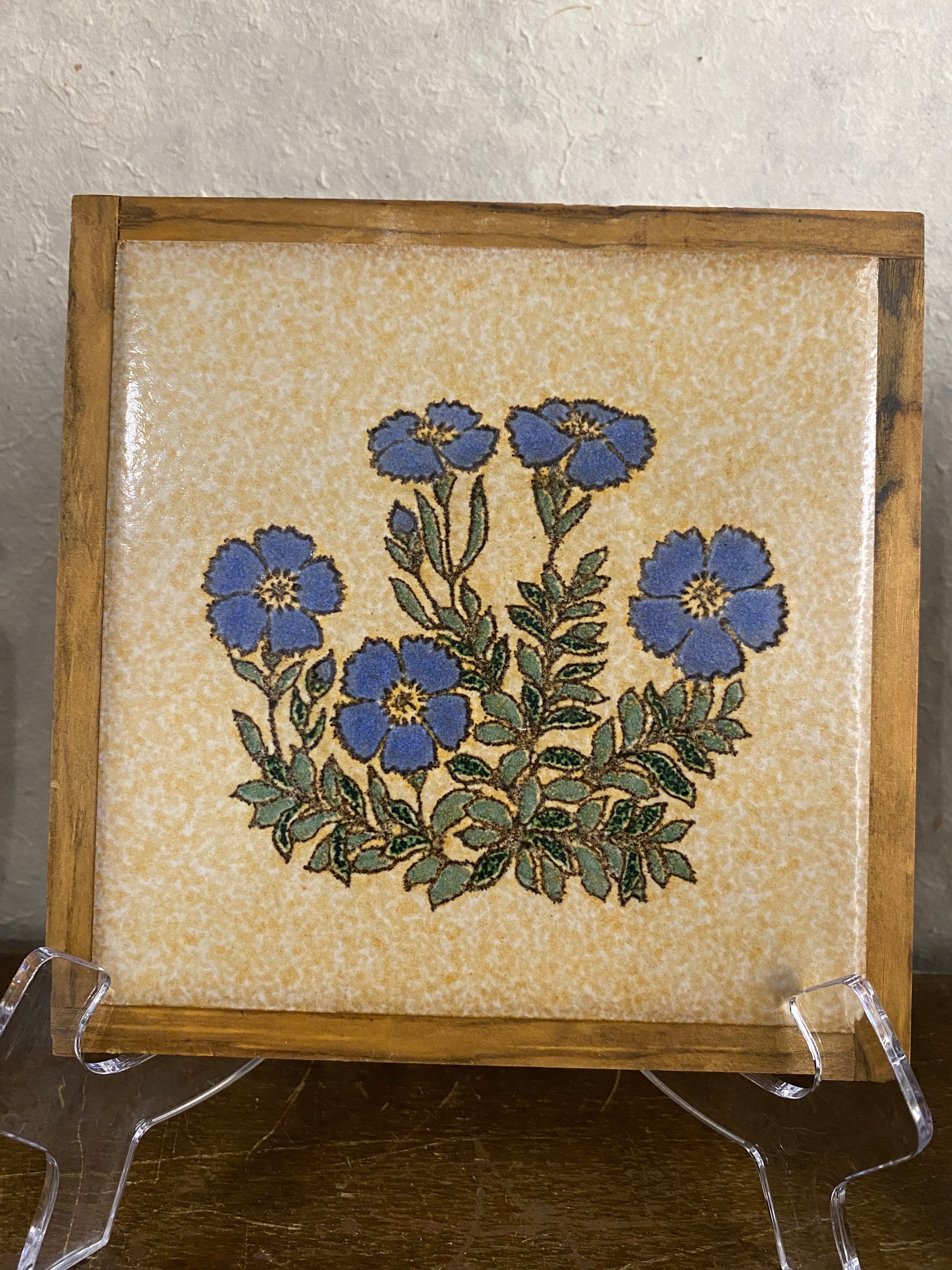 MCM Vintage Blue, White, Yellow Flower Trivets Porcelain Ceramic Tile ...