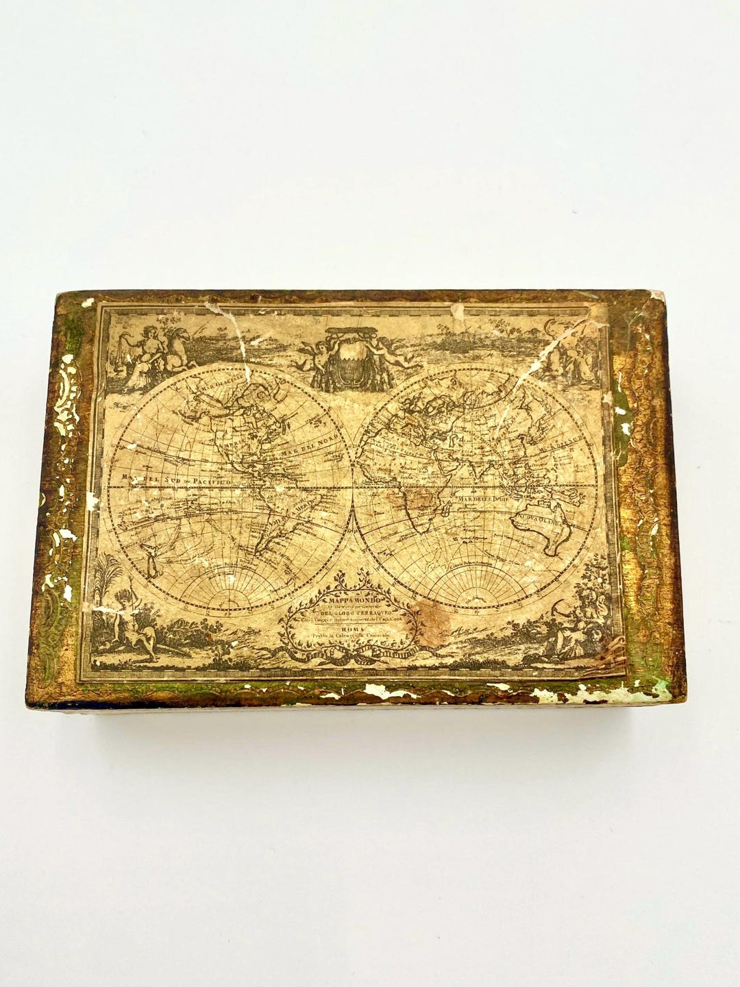 Vintage Florentine Wood Jewelry Box Antique Look World Map Decoupaged ...