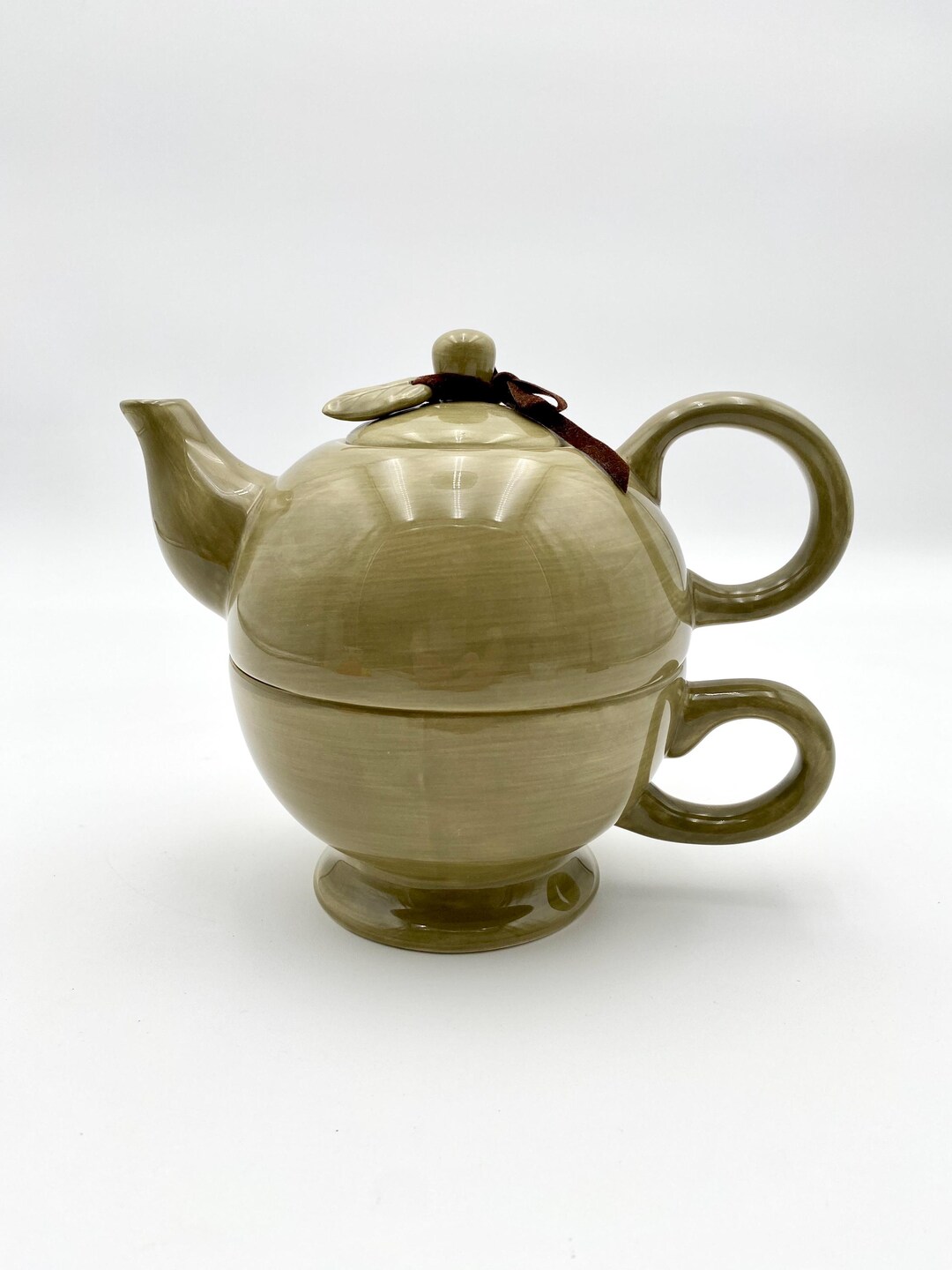 Vintage Sage Green Stackable Teapot and Individual Cup Two Cup Servings ...