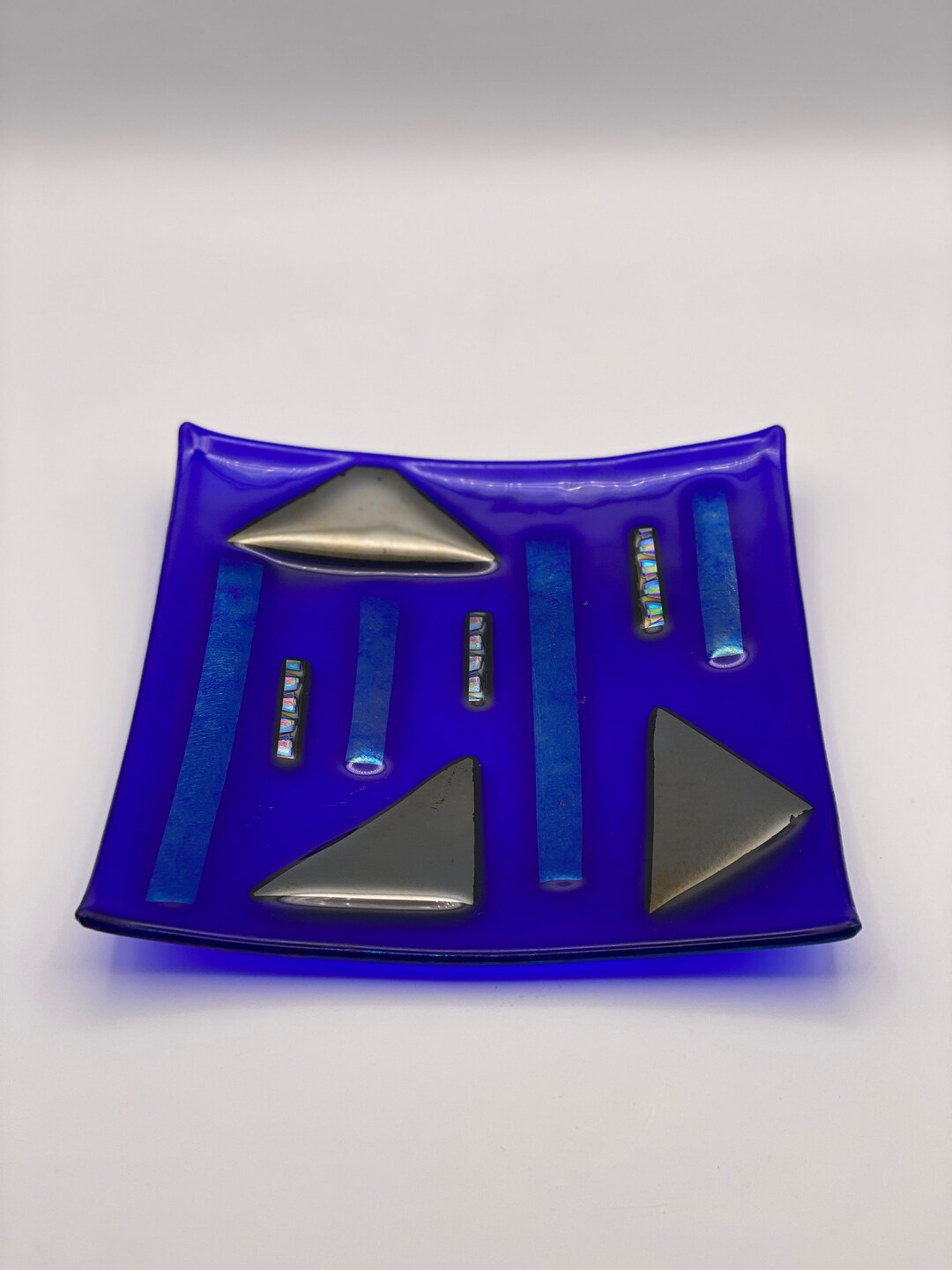 Fused Art Glass Square Tray With Triangles and Lines Dichroic Glass ...