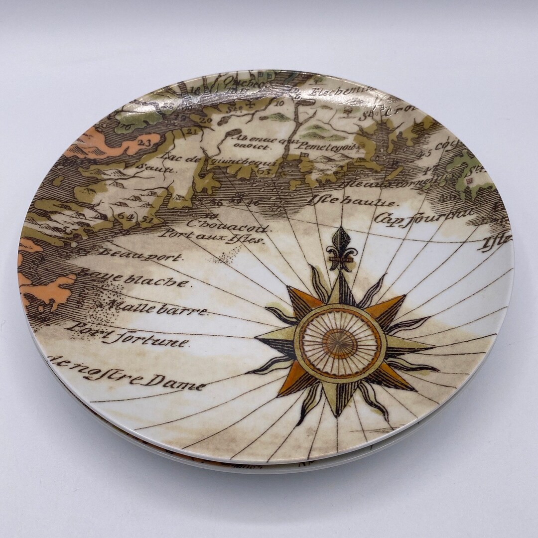 Pottery Barn Coastal Curiosity Map 8 1/4 Salad Plates Nautical Theme ...