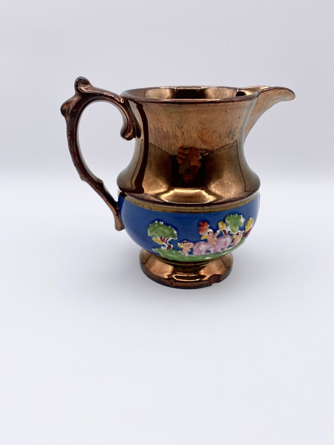 Antique Copper Lusterware Creamer: Hand-painted Pastoral Scene, Cobalt ...