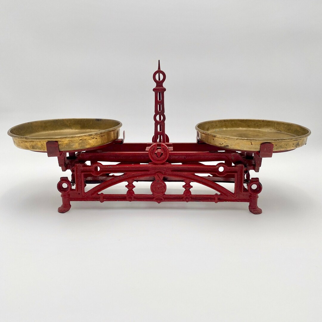 Red Cast Iron Balance Scale With Brass Pans, General Store, Mercantile ...