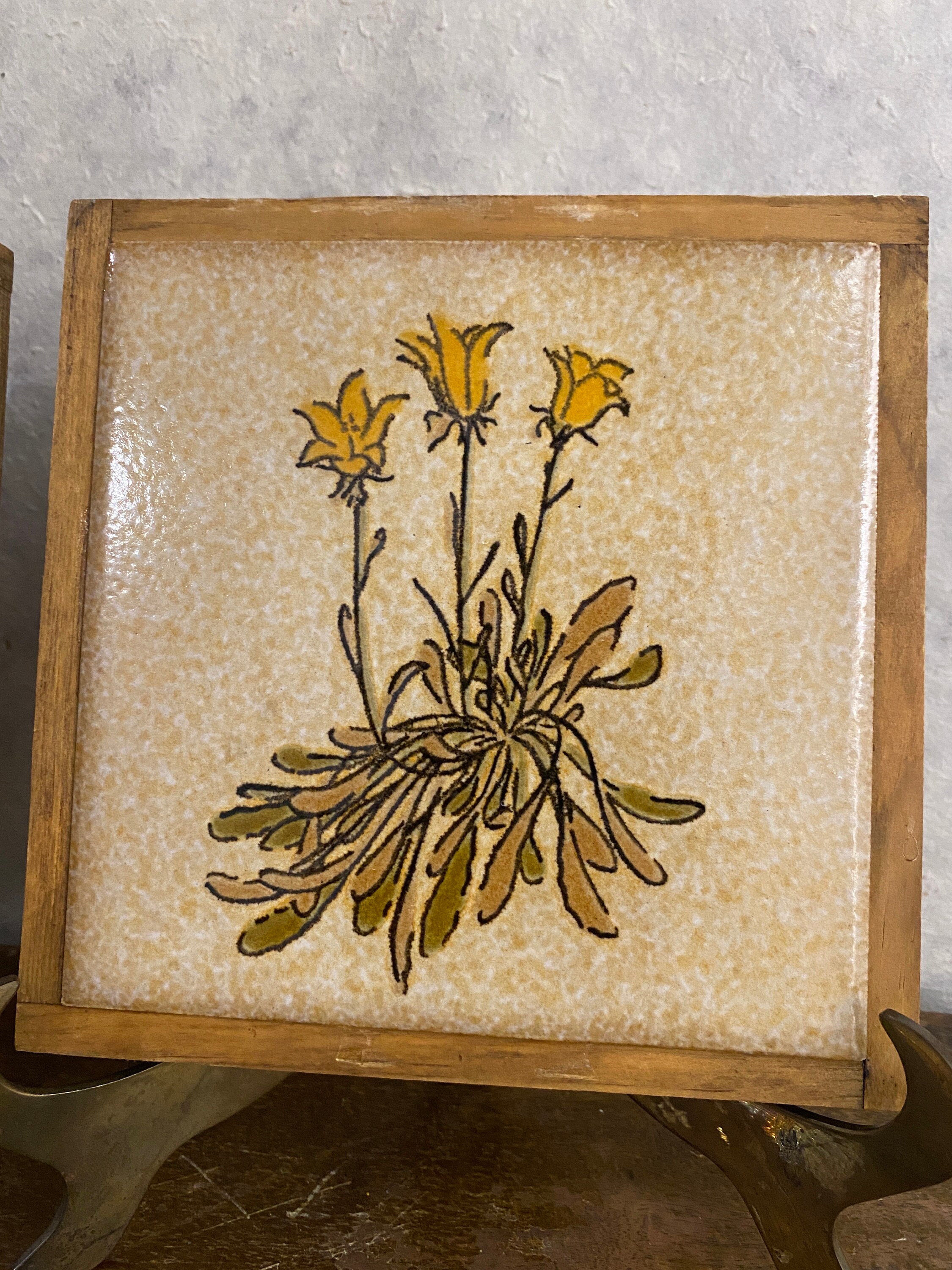 MCM Vintage Blue, White, Yellow Flower Trivets Porcelain Ceramic Tile ...