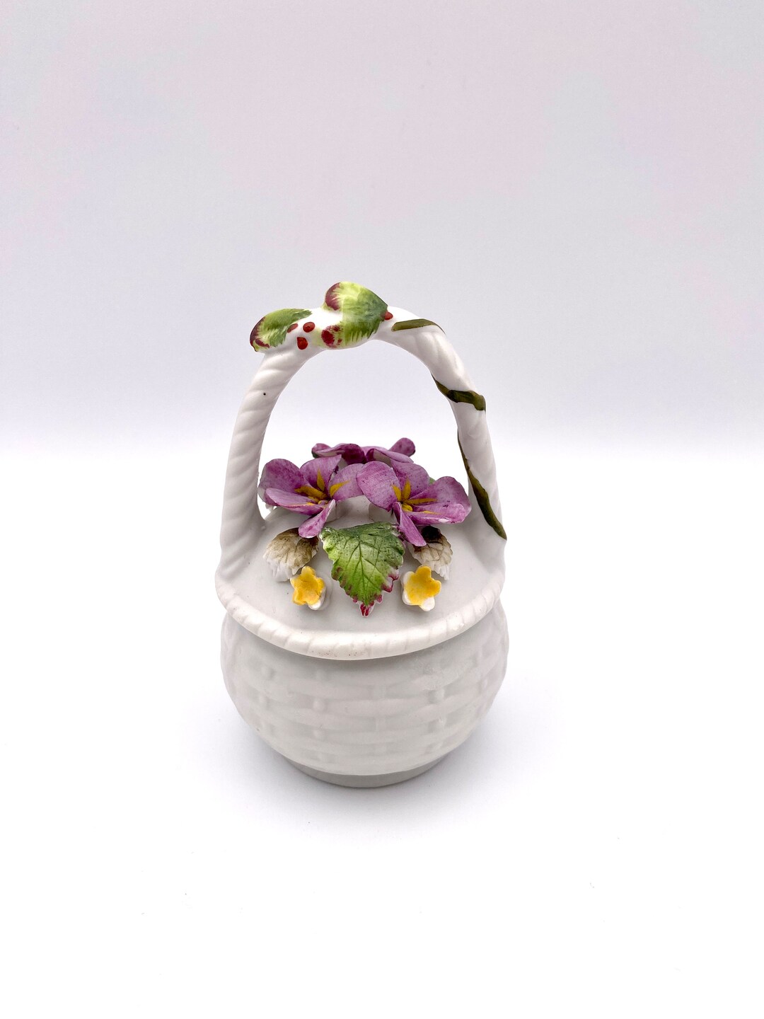 Capodimonte Lidded Ceramic Bisque Lefton Basket With Flowers Trinket ...