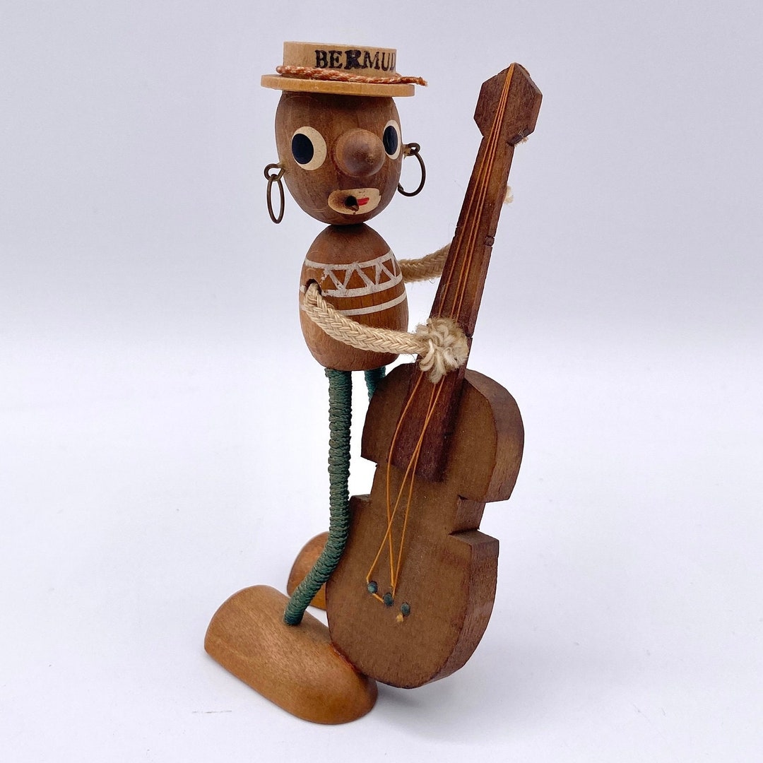 Handmade Wooden 5" Jazz Player With Bass Instrument, Bermuda Souvenir ...