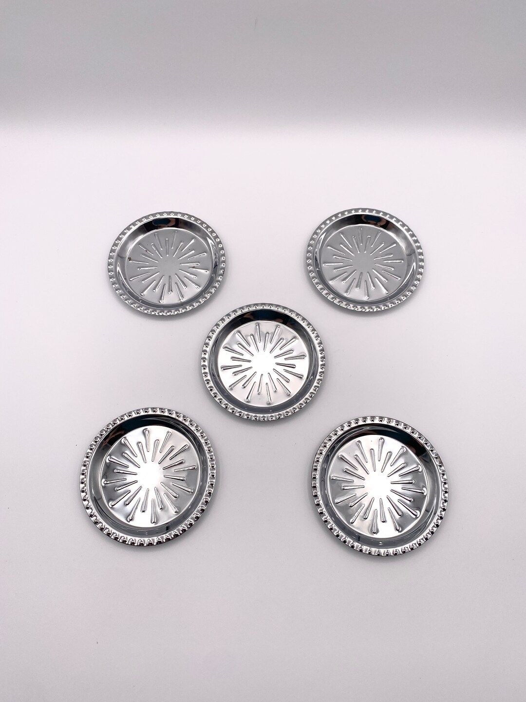 Set of 5 Vintage Silver Metal Coasters With Starburst Pattern Chrome - Etsy