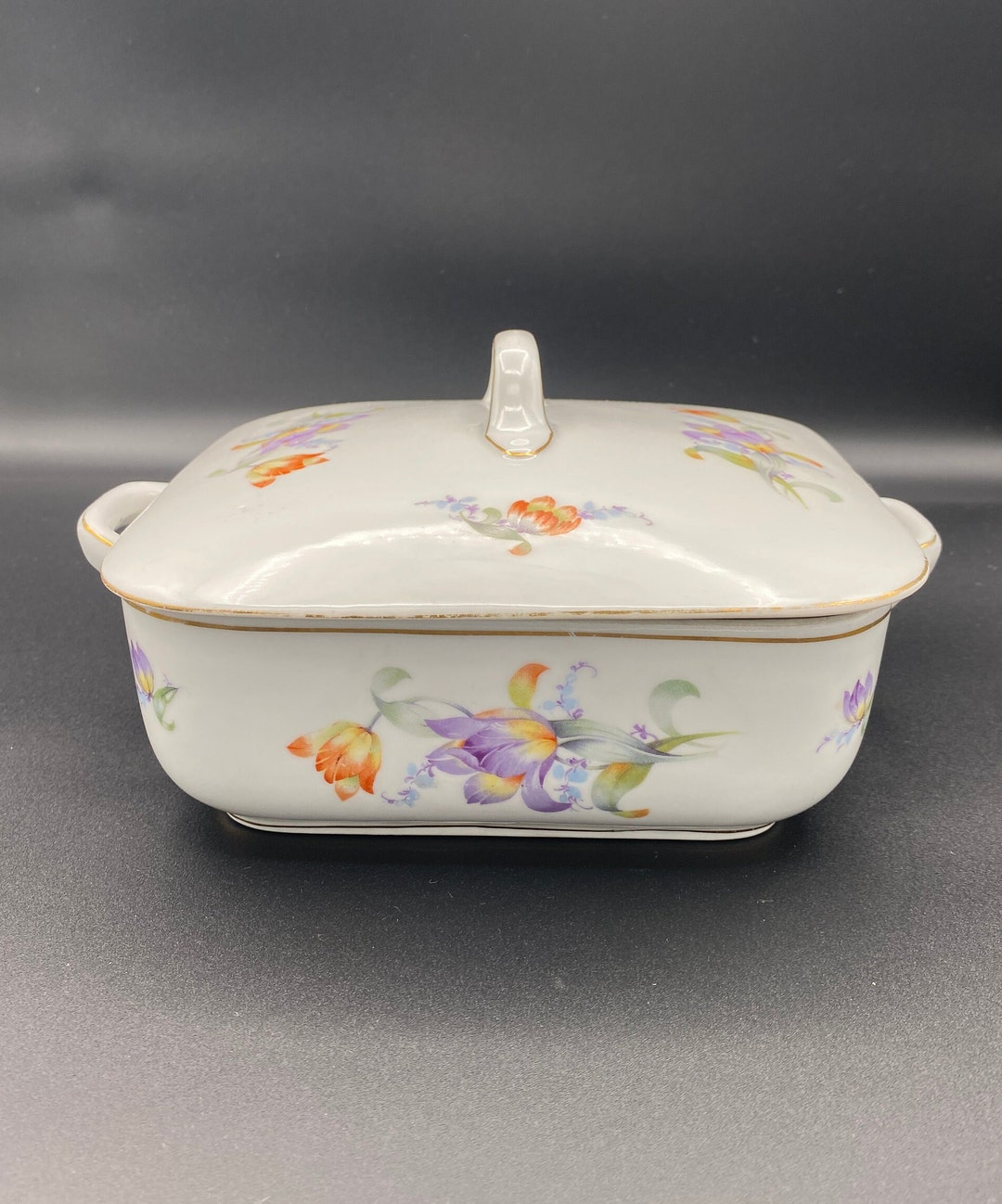 Antique Porcelain Square Covered Dish With Lid Decorated With Orange ...