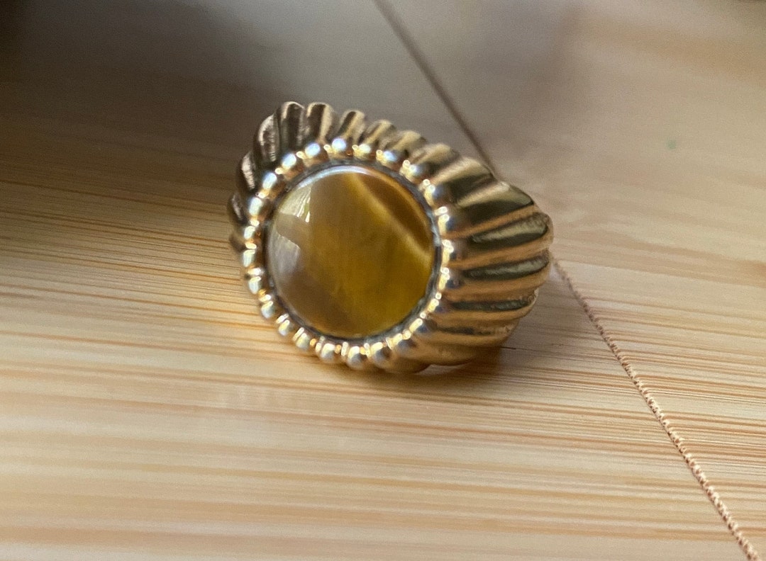 Chunky Tiger Eye Gold Tone Ring Mens Size 10.5-11 Engraved With Name on ...