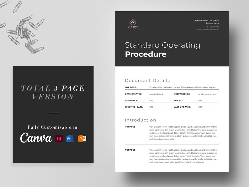 Editable SOP Template: Standard Operating Procedure (A4, Word, Indesign ...