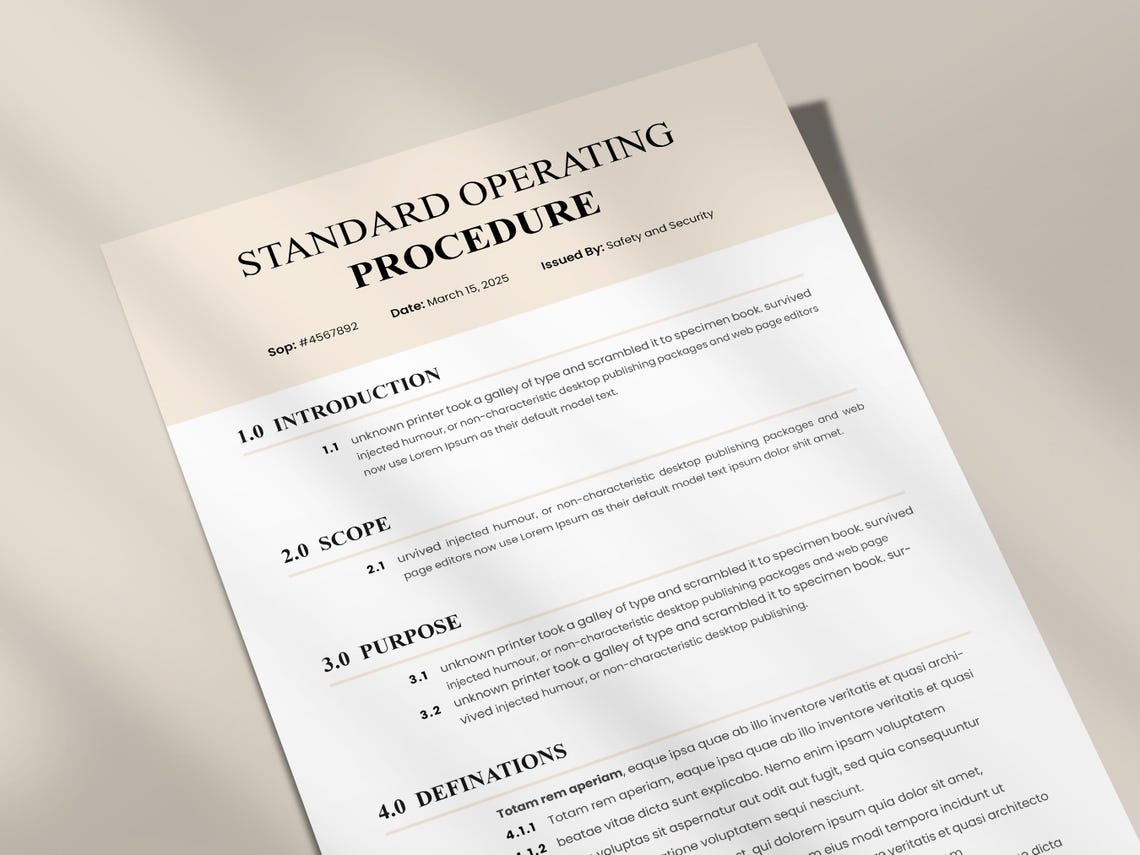 Standard Operating Procedure Template, SOP Template, Business SOP Procedure Document, Work ...