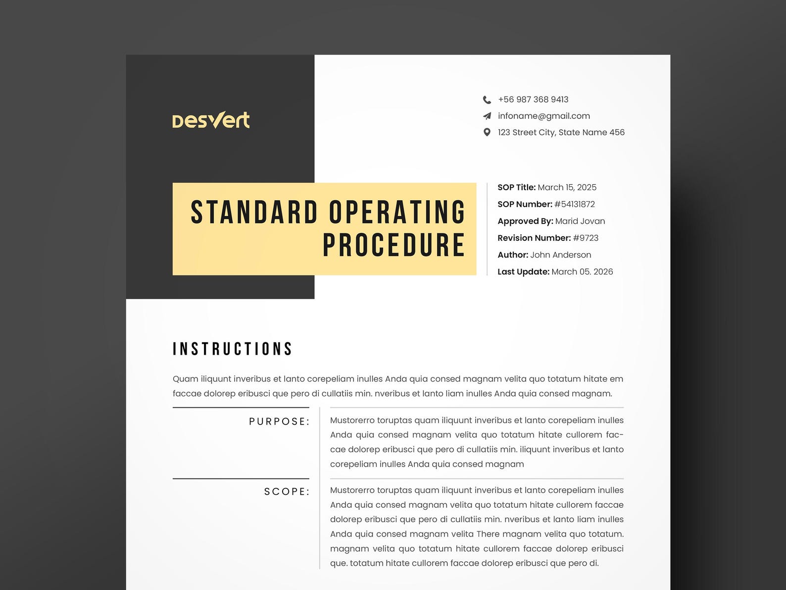 Standard Operating Procedure Template, SOP Template, Business SOP ...