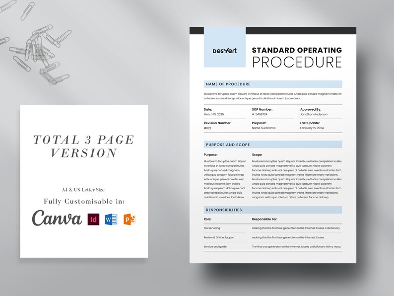 Editable Standard Operating Procedure Template: Business SOP (A4 & US ...
