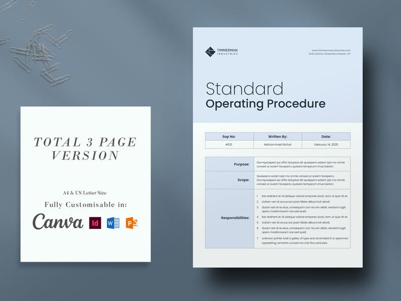 Standard Operating Procedure Template, SOP Template, Work Process ...