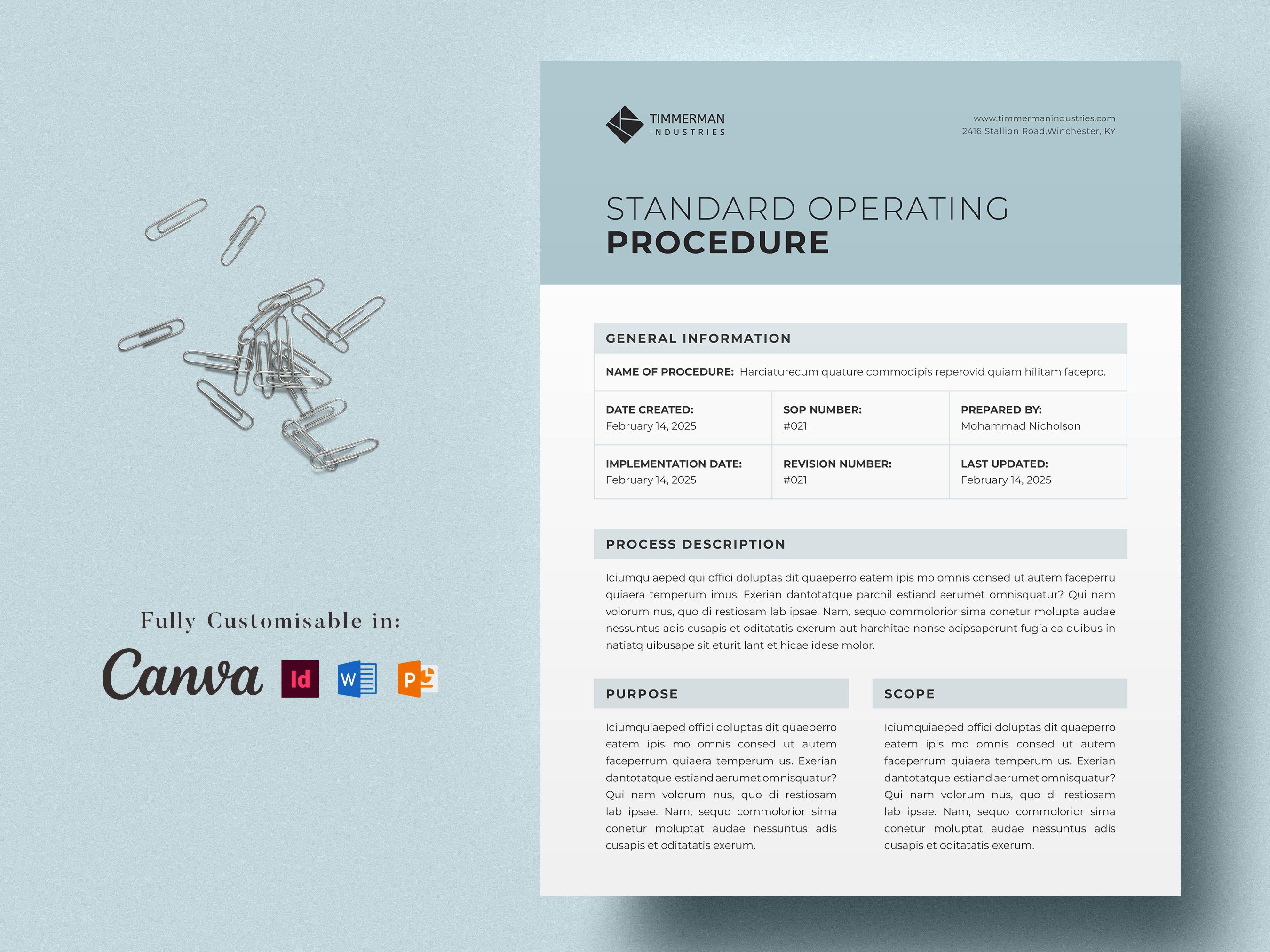 Standard Operating Procedure Template: Editable SOP Document (indesign ...