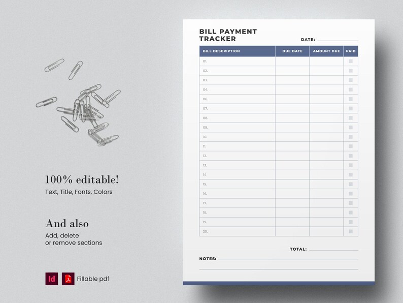 Monthly Bill Payment Tracker: Printable Finance Planner (fillable PDF ...