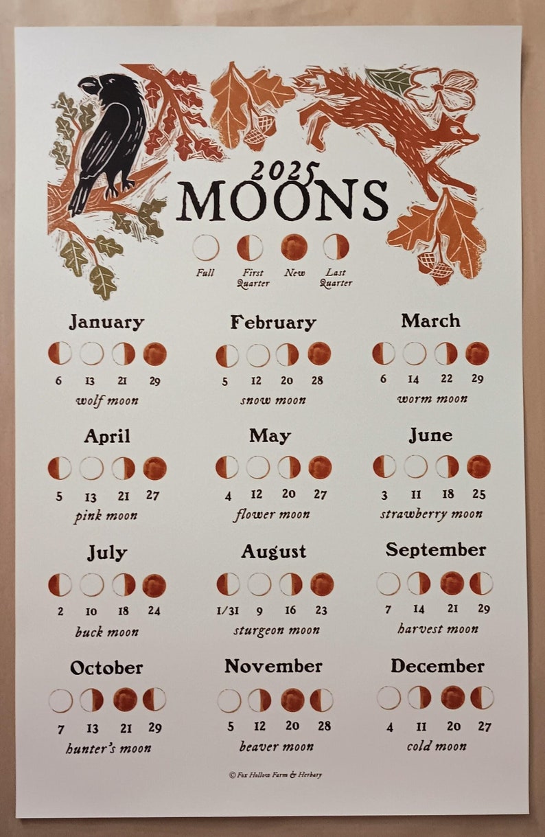 Crow, Fox, Oak 2025 Moon Calendar Lunar Calendar - Etsy