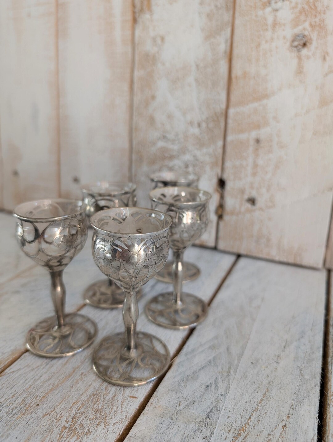 Set of 5 Wilson & Gill Sterling Silver Overlay Liquor Glasses; Antique ...