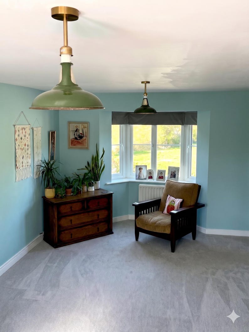 Pair of Vintage Green Enamel Pendant Light Shades; Original Industrial ...