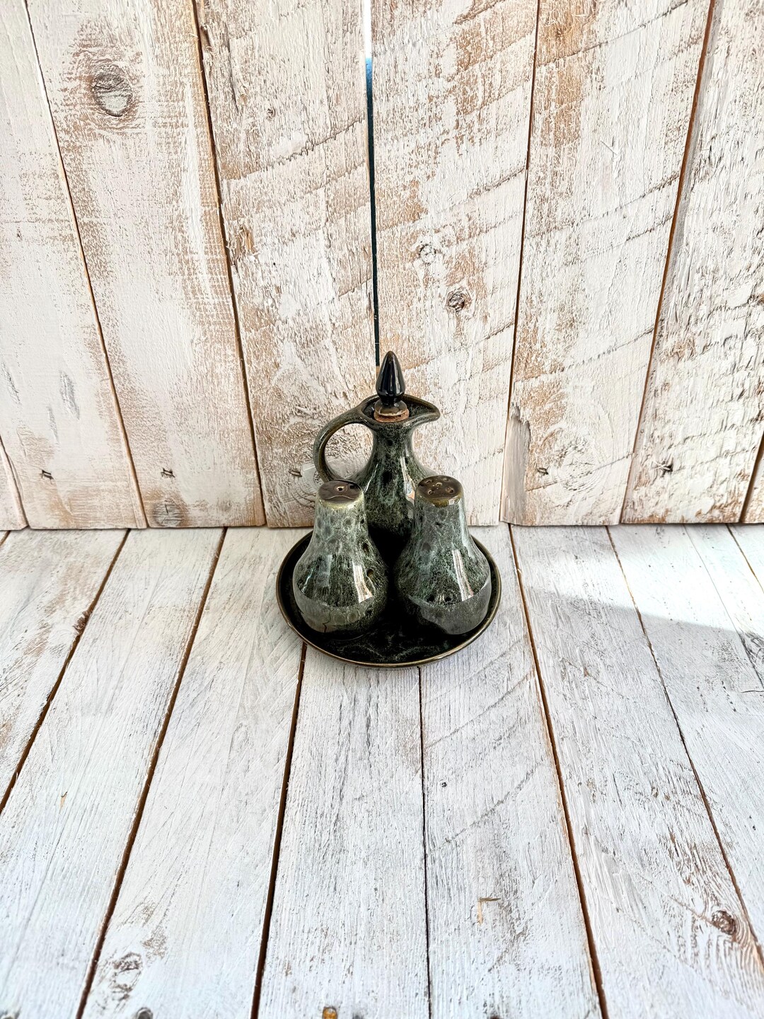 Fosters Pottery Cruet Set: Cornish Green Honeycomb Ceramic Salt Pepper ...