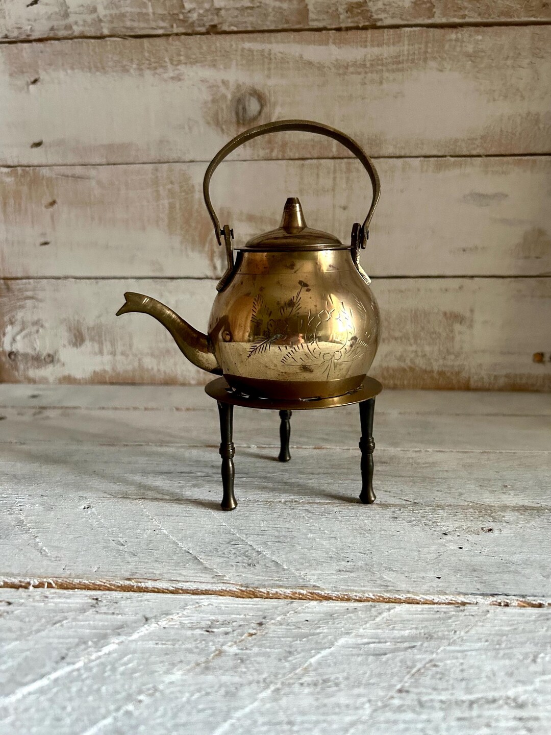 Small Etched Brass Teapot/ Tea Kettle With Brass Trivet; Decorative ...