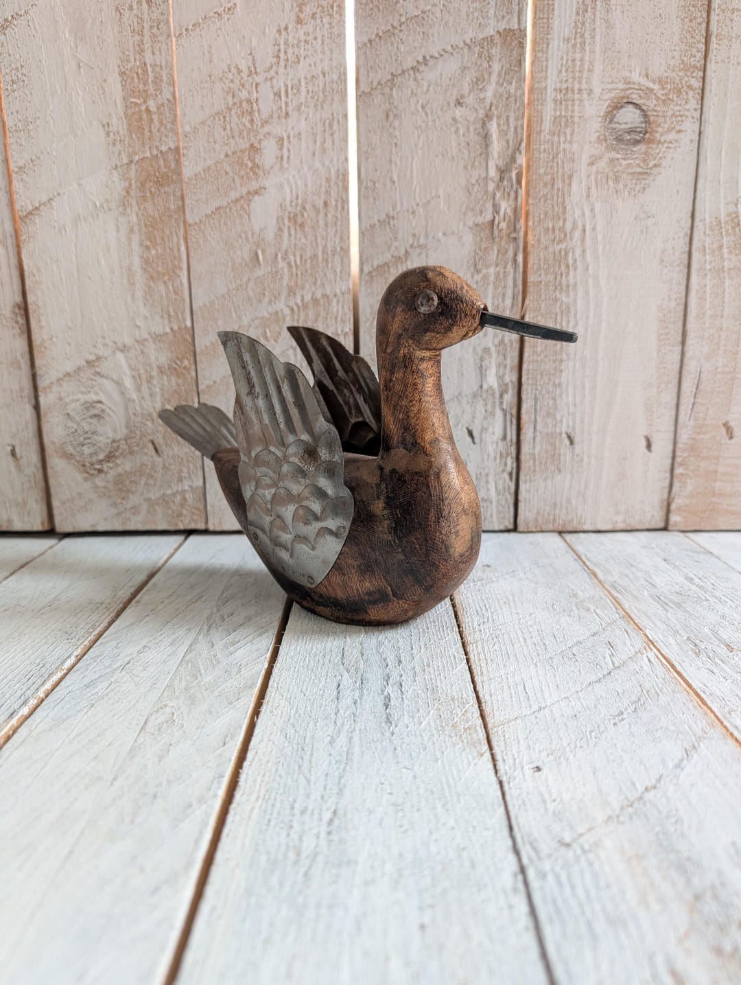 Solid Wood Duck Carving With Metal Wings; Indian Folk Art, Vintage Home ...