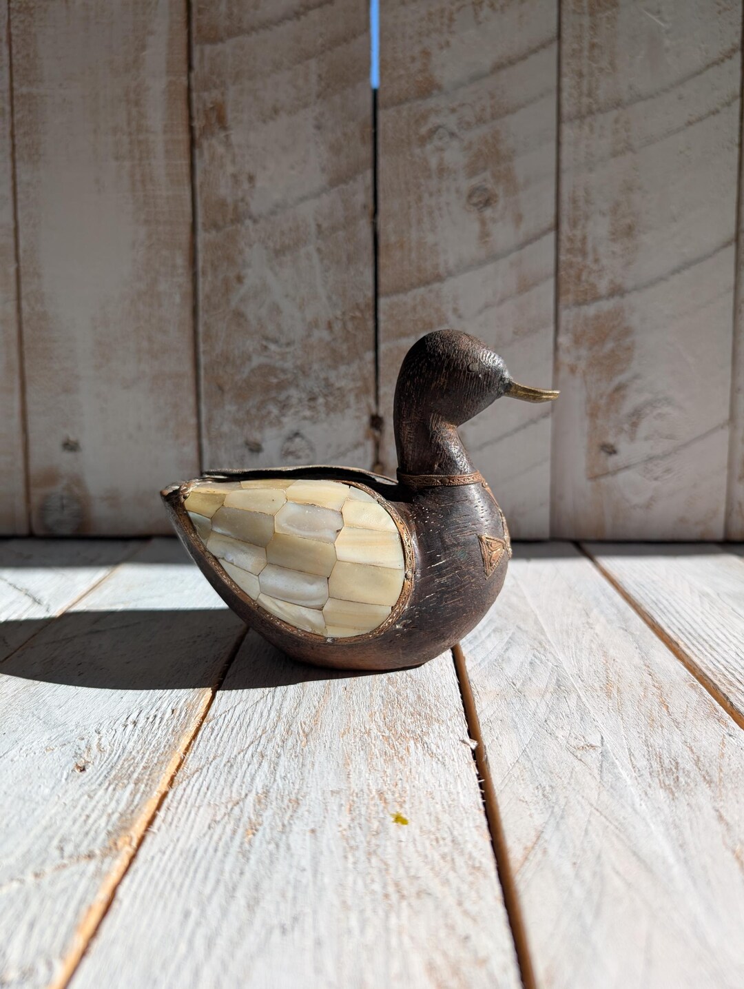 Solid Wooden Duck Carving With Brass & Mother of Pearl Inlay; Hand ...