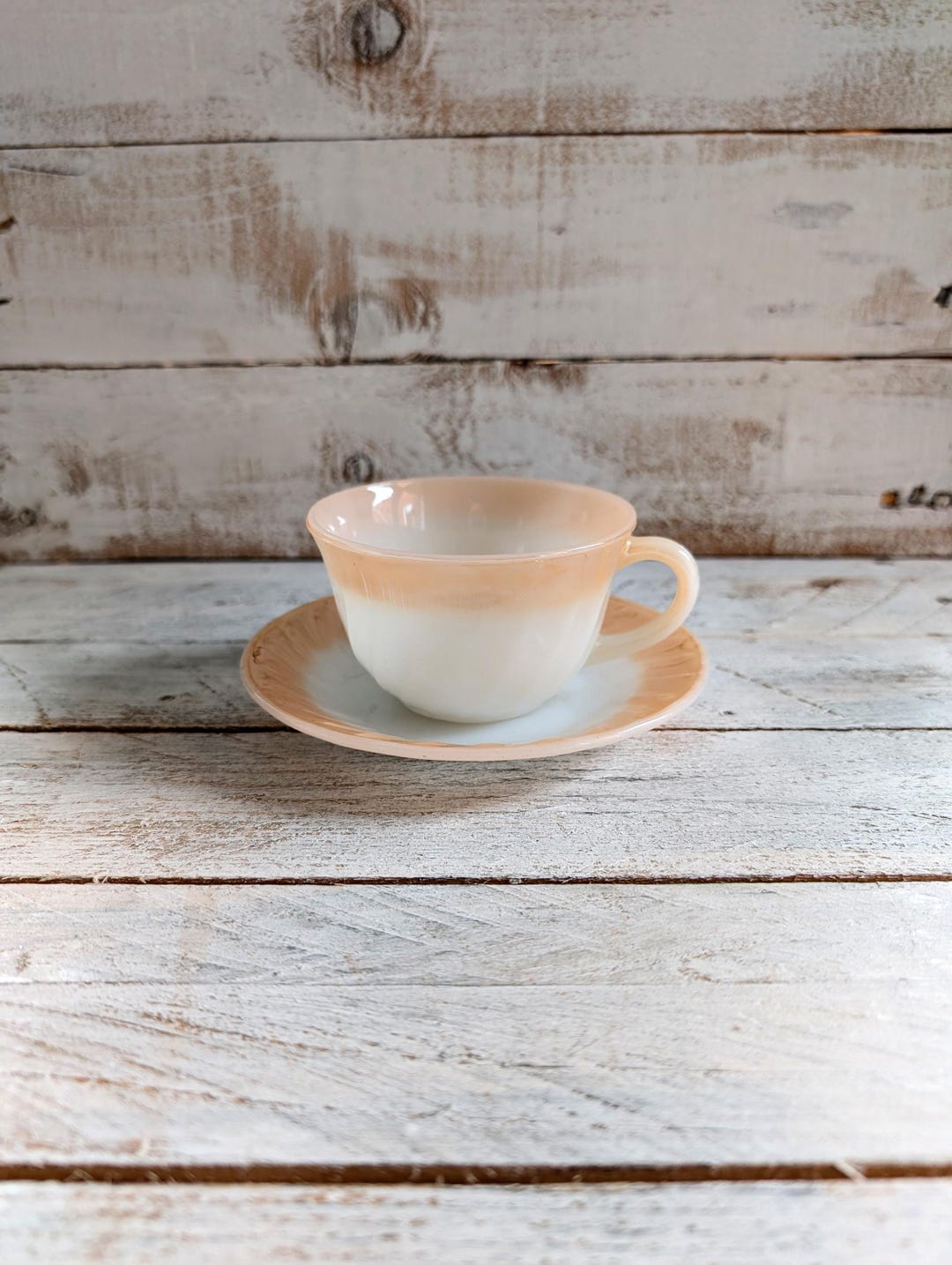 Fire King Swirl Teacup and Saucer; Peach Lustre Glass, 60's Retro Duo ...